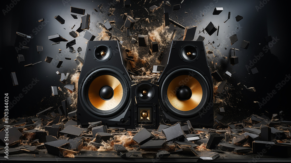 loud background music, cracks on the destroyed speaker from the ...