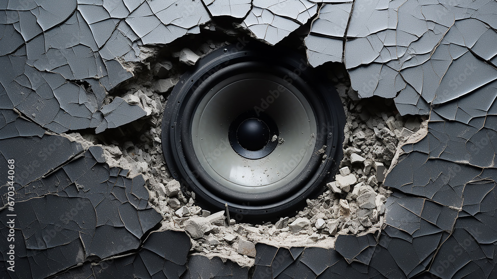 loud background music, cracks on the destroyed speaker from the ...