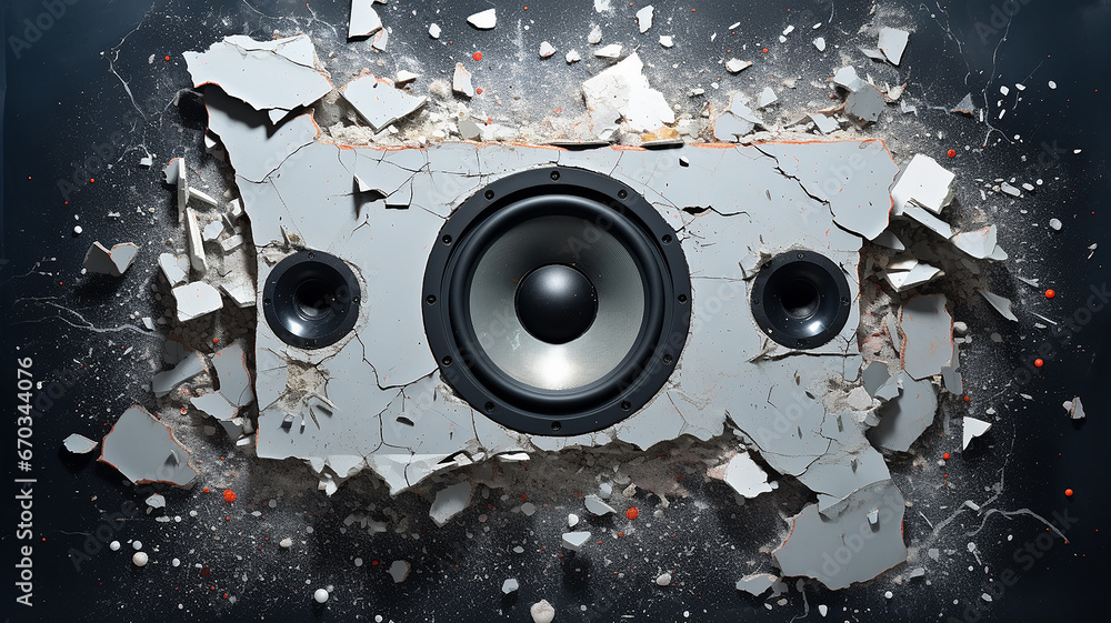 loud background music, cracks on the destroyed speaker from the ...