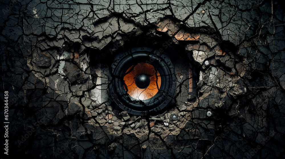 loud background music, cracks on the destroyed speaker from the ...