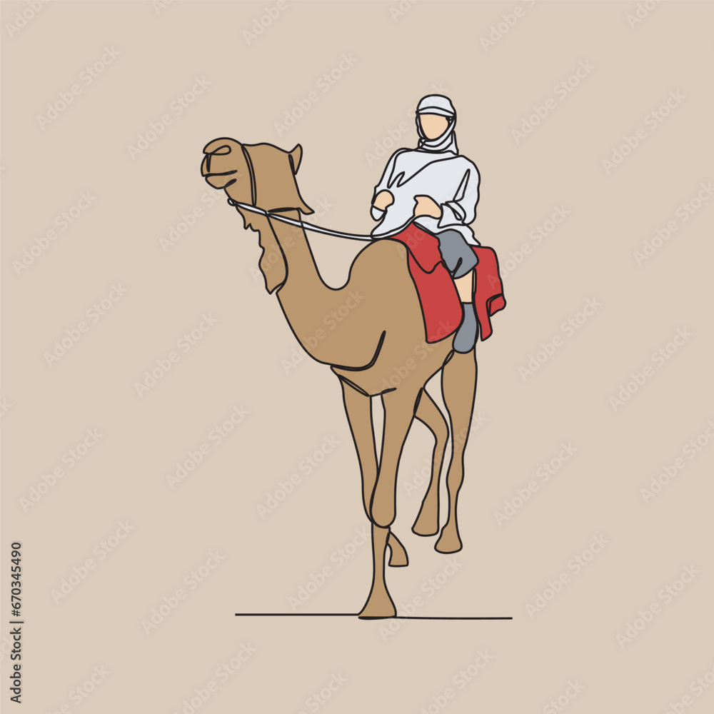 One continuous line drawing of people are riding camels in the desert ...