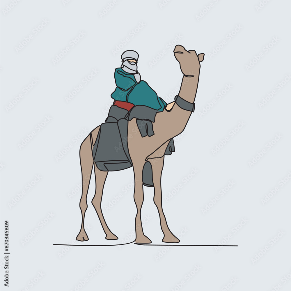 One continuous line drawing of people are riding camels in the desert ...
