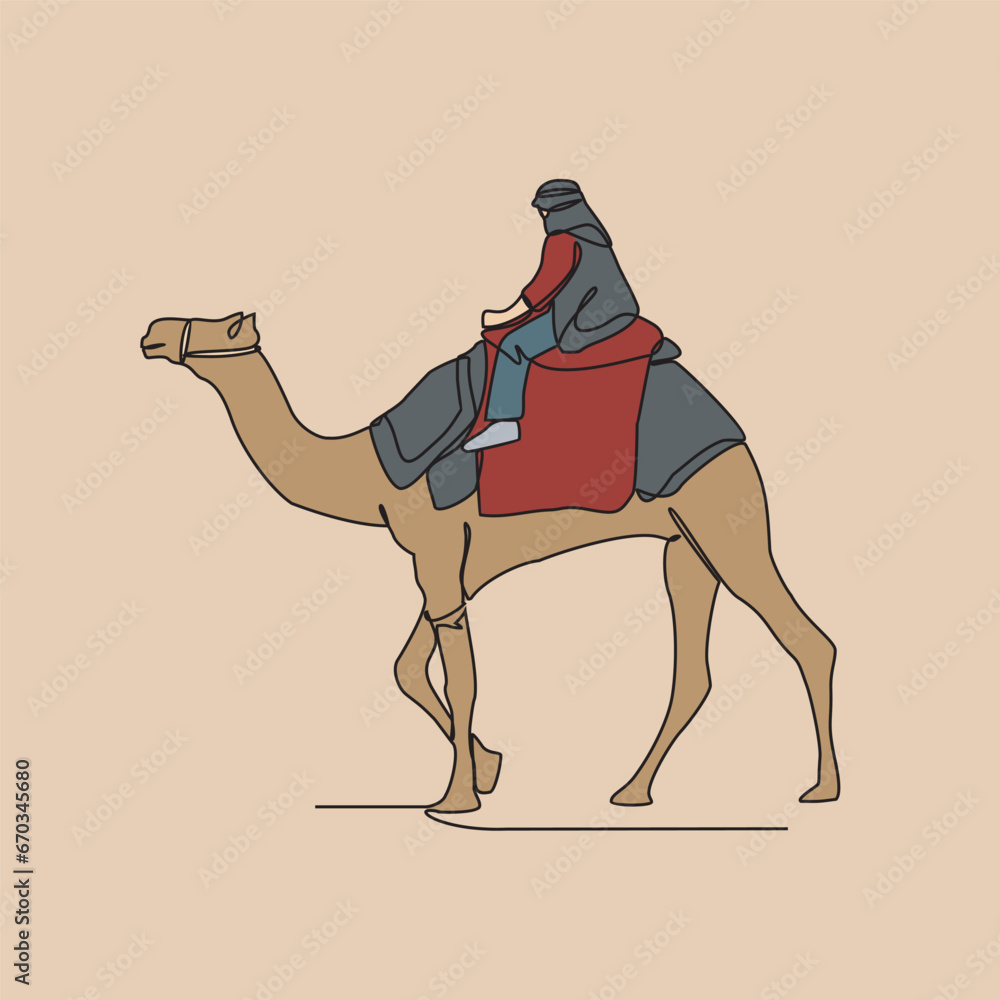 One continuous line drawing of people are riding camels in the desert ...