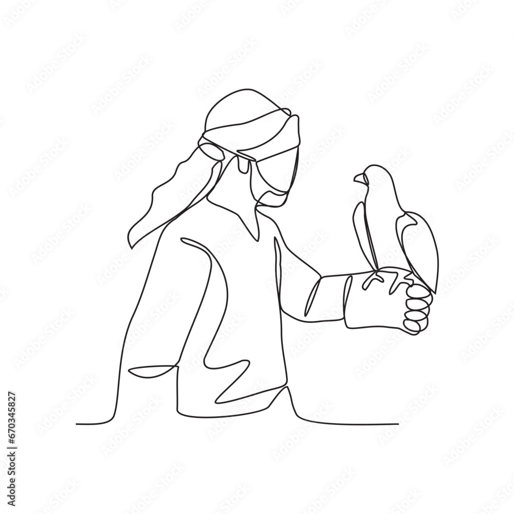 One continuous line drawing of Arabian people with his eagle pets ...