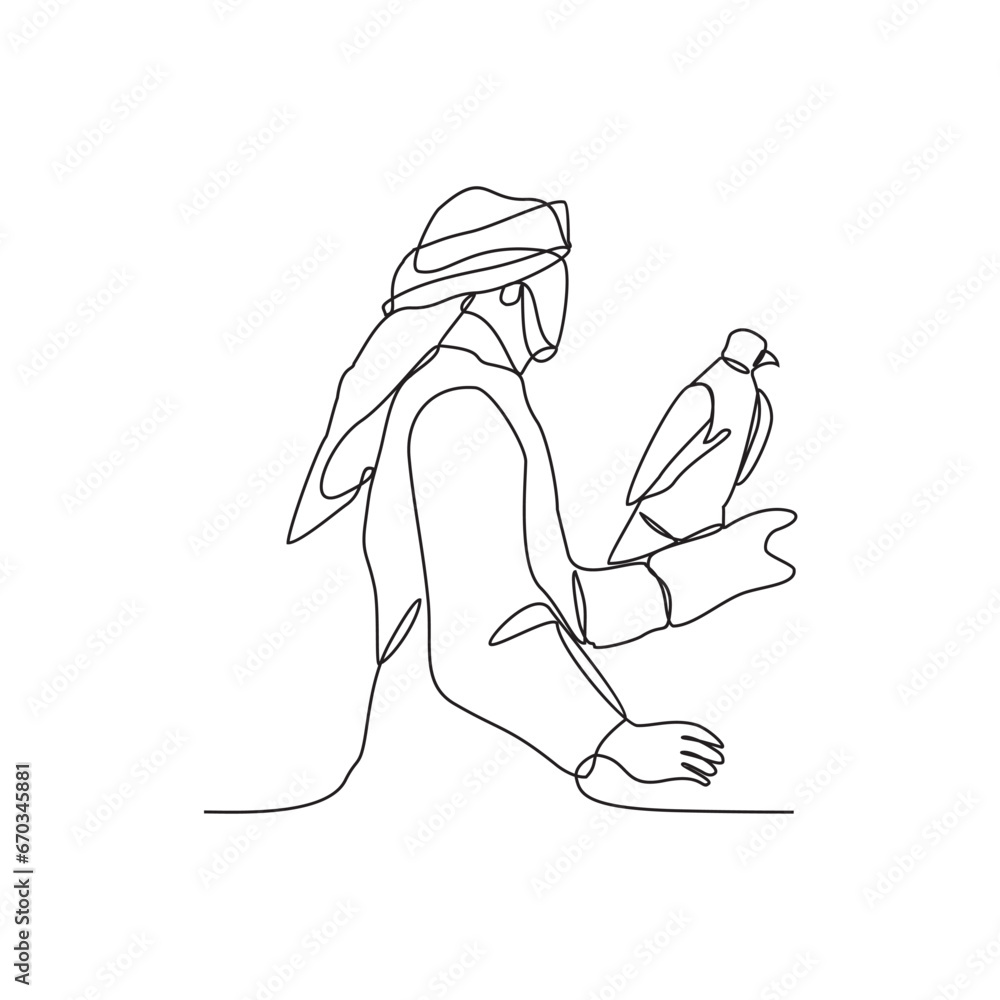 One continuous line drawing of Arabian people with his eagle pets ...