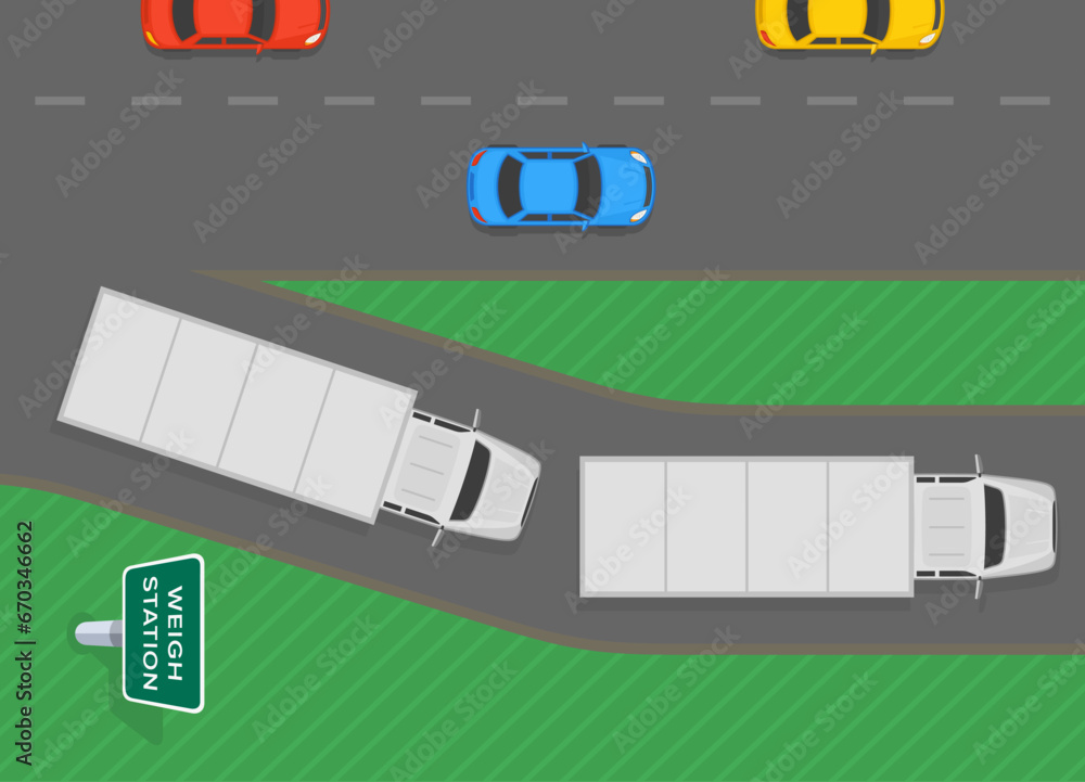 Heavy vehicle driving rules and tips. Weigh station area. Top view of a ...