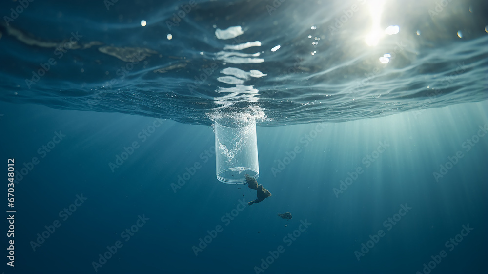 plastic cup floating underwater in the ocean sea pollution by garbage ...