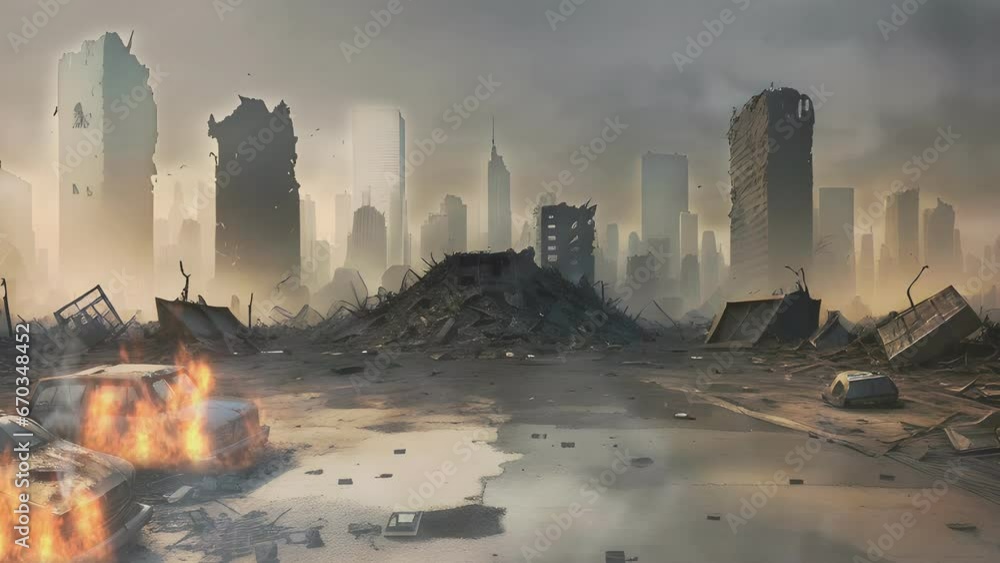 illustration of the condition of city damage after the war, buildings ...