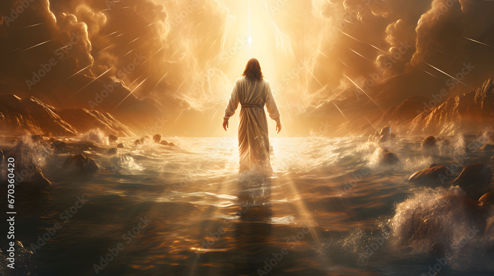 Jesus Christ walking on water on the sea of Galilee, with beams of ...