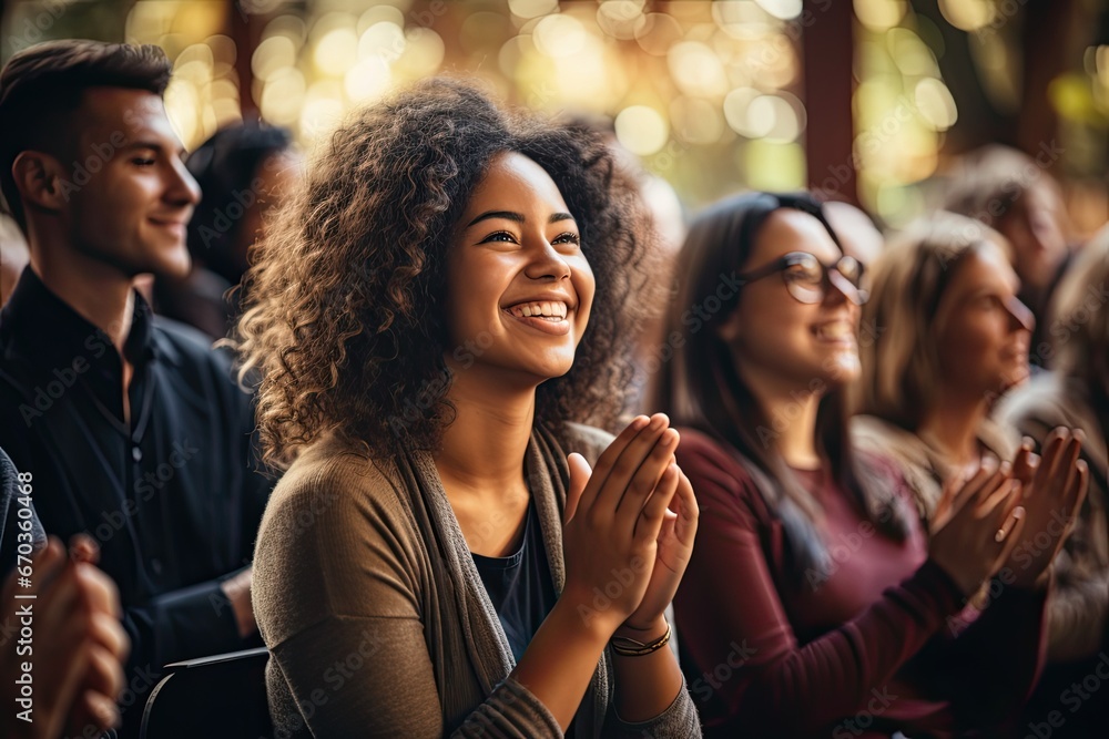 Beautiful woman applauding presentation by colleague. Audience applaud ...