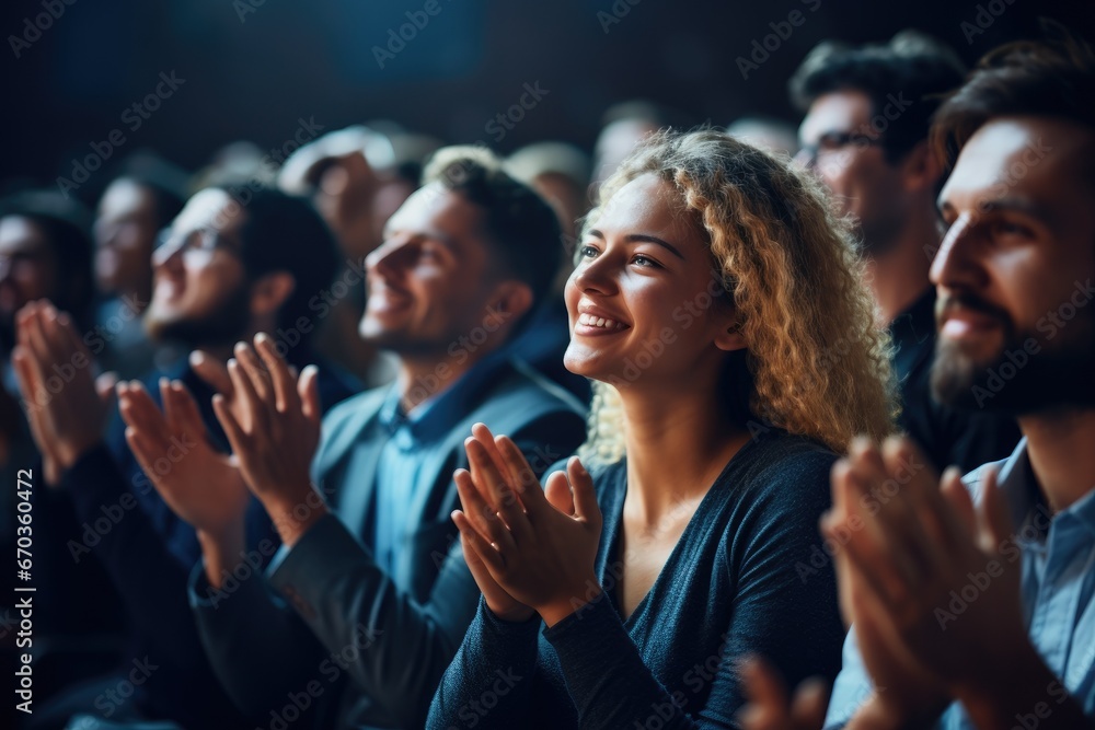 Beautiful woman applauding presentation by colleague. Audience applaud ...