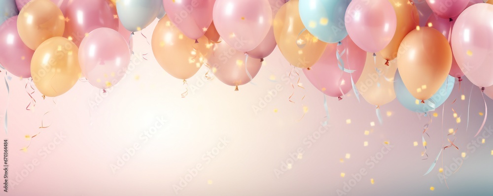Soft gentle Birthday background composition with balloons and confetti ...