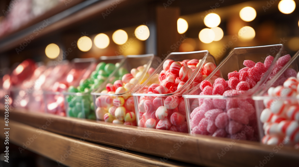 Colorful candies in glass jars on shelf in store, closeup Stock Photo ...