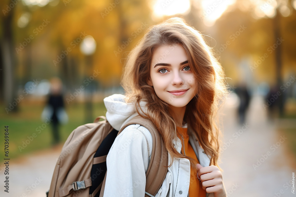 The portrait of a smiling female student freshman carrying a backpack ...