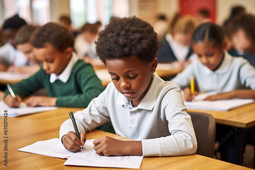 The portrait of a black primary student is written on a notebook for ...