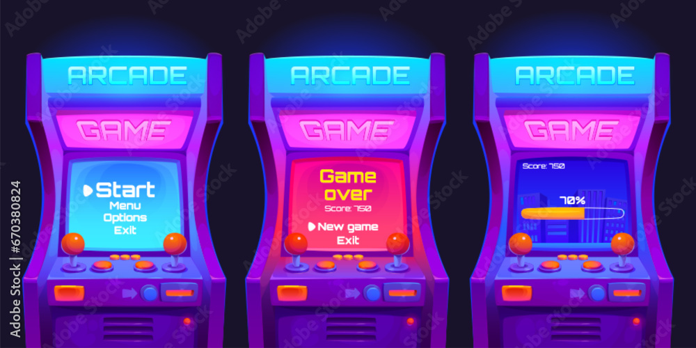 Retro arcade video game machine with neon lights and glowing screen ...