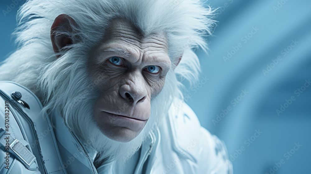 Astronaut monkey with white hair in space suit in a futuristic ...