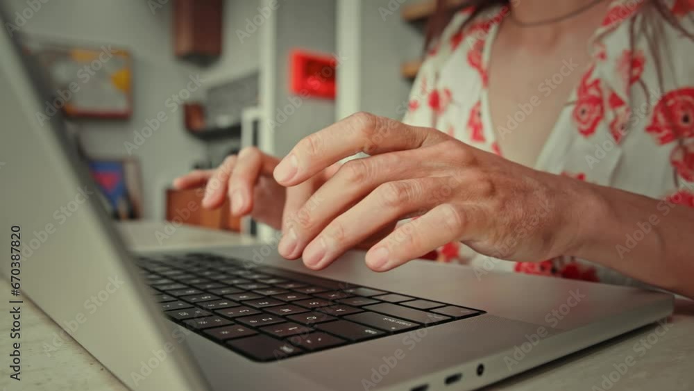Hands Typing Text on Laptop Keyboard of Working Woman Close Up. Adult ...