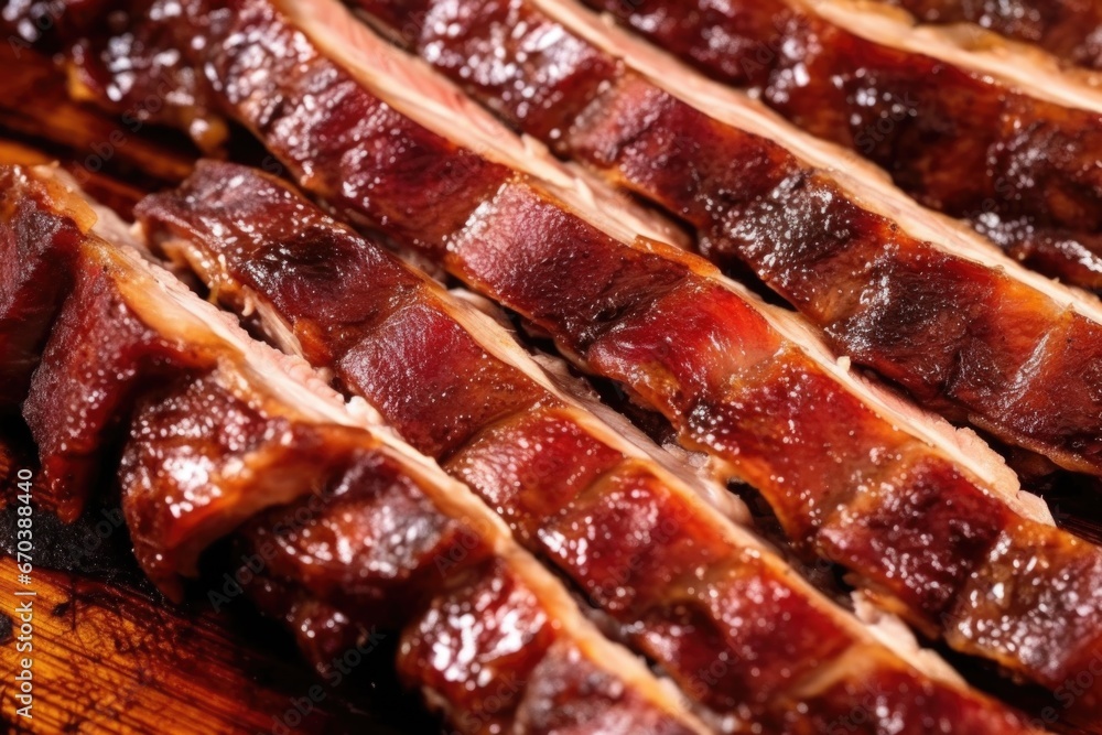 close observation of the juicy glazed textures on pork ribs Stock Photo ...