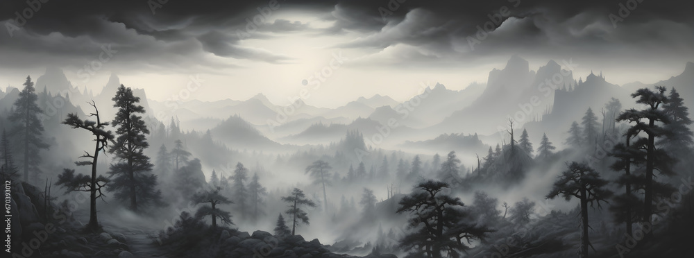 vintage drawing landscape forests of ancient European of trees ...