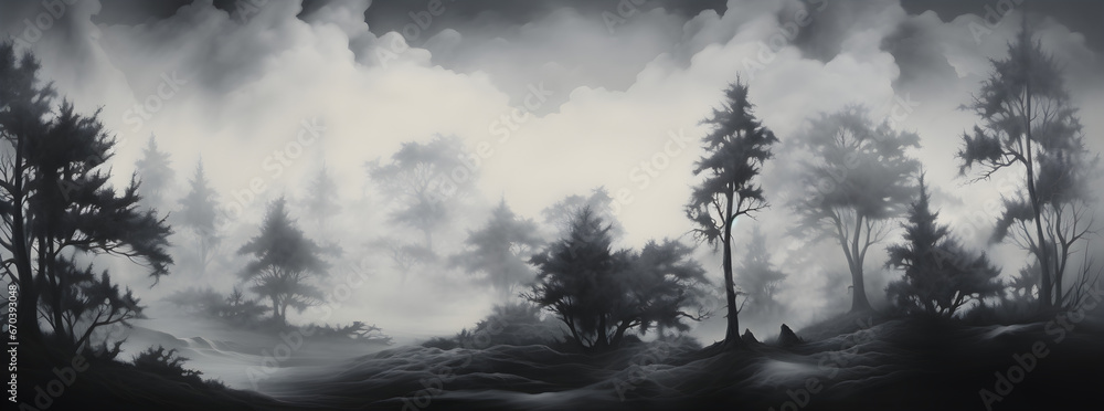 vintage drawing landscape forests of ancient European of trees ...