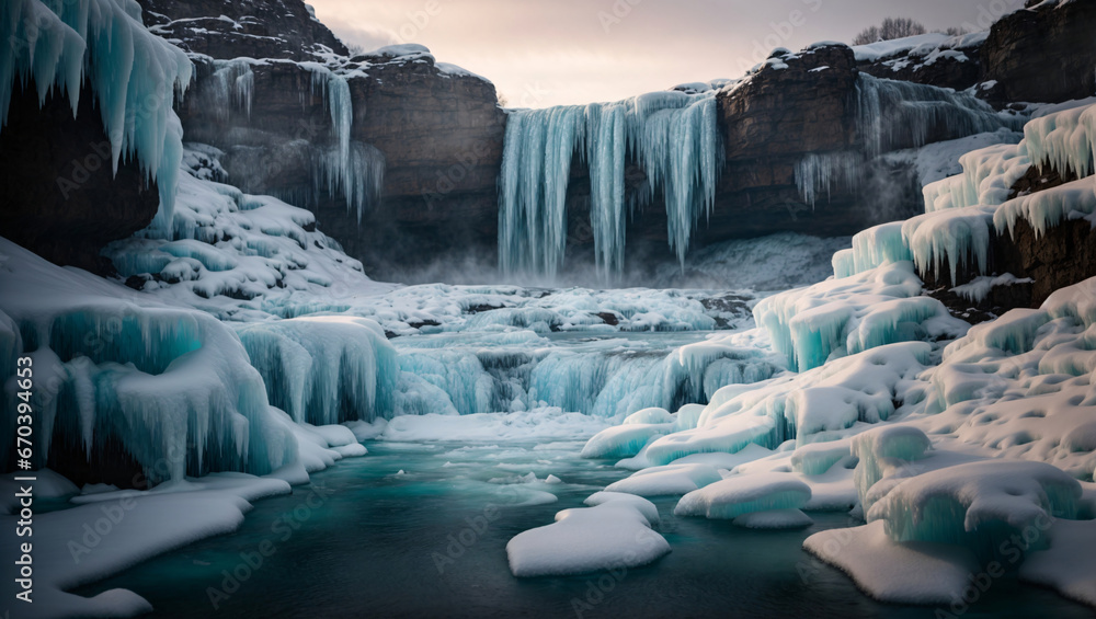 Icy waterfall at dusk, An enchanting frozen waterfall surrounded by icy formations and ...