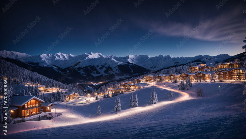 Ski resort at night, A vibrant ski resort with brightly lit slopes and ...