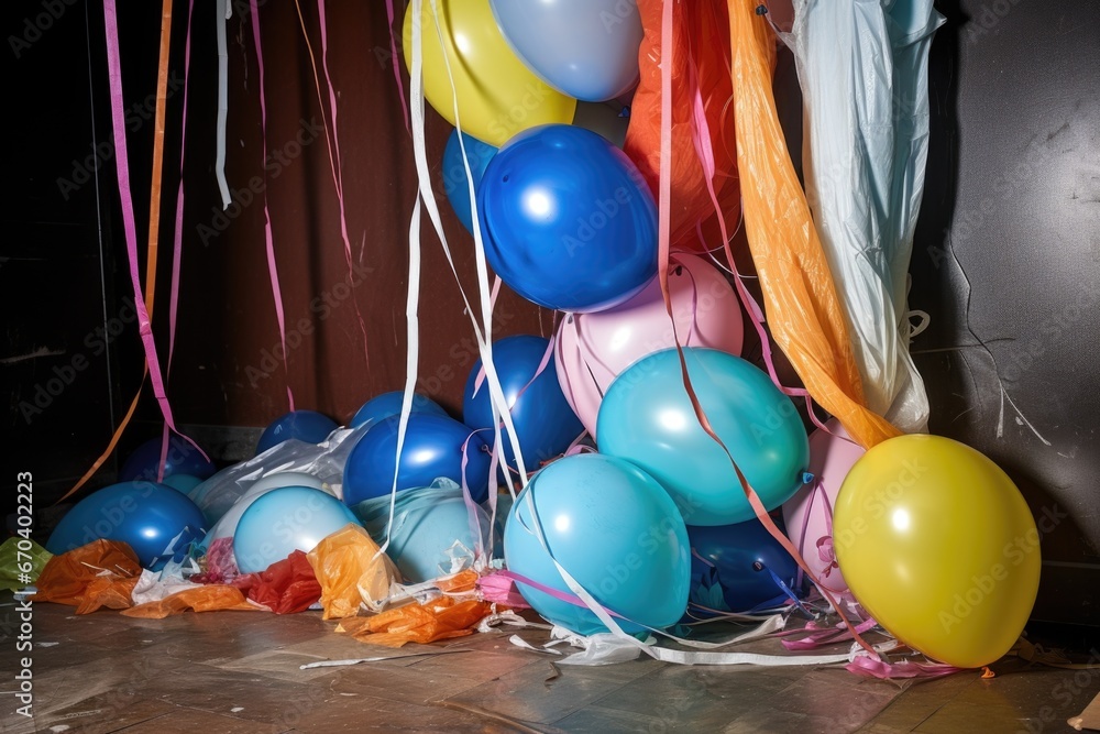 a cluster of balloons partially deflated and string-bound, thrown in a ...