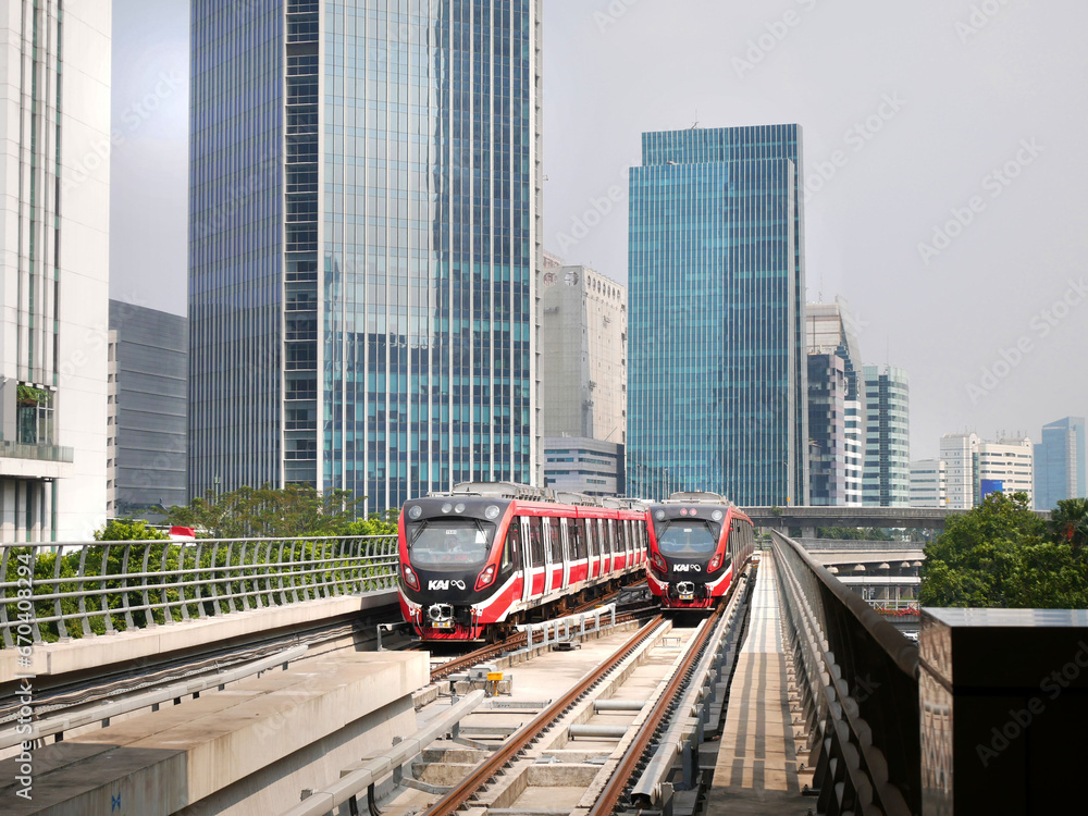 Two lrt train set running on rail track in jakarta , indonesia on Sept ...