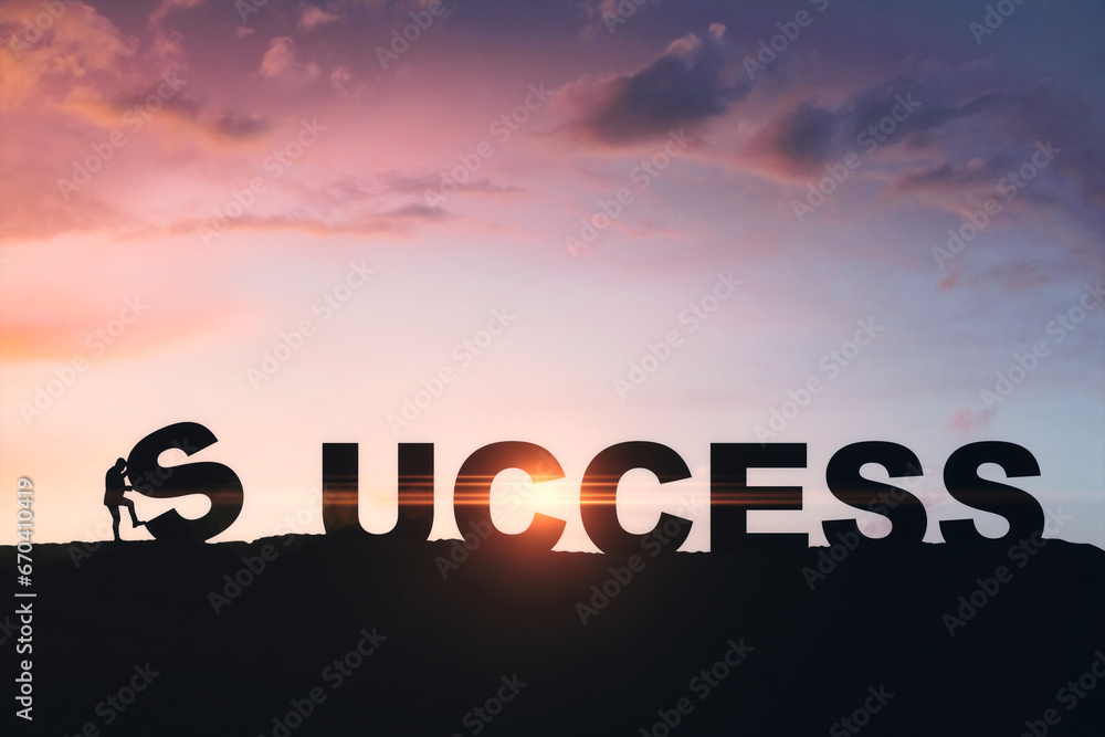 Tiny businesspeople putting backlit success letters together on sunset ...