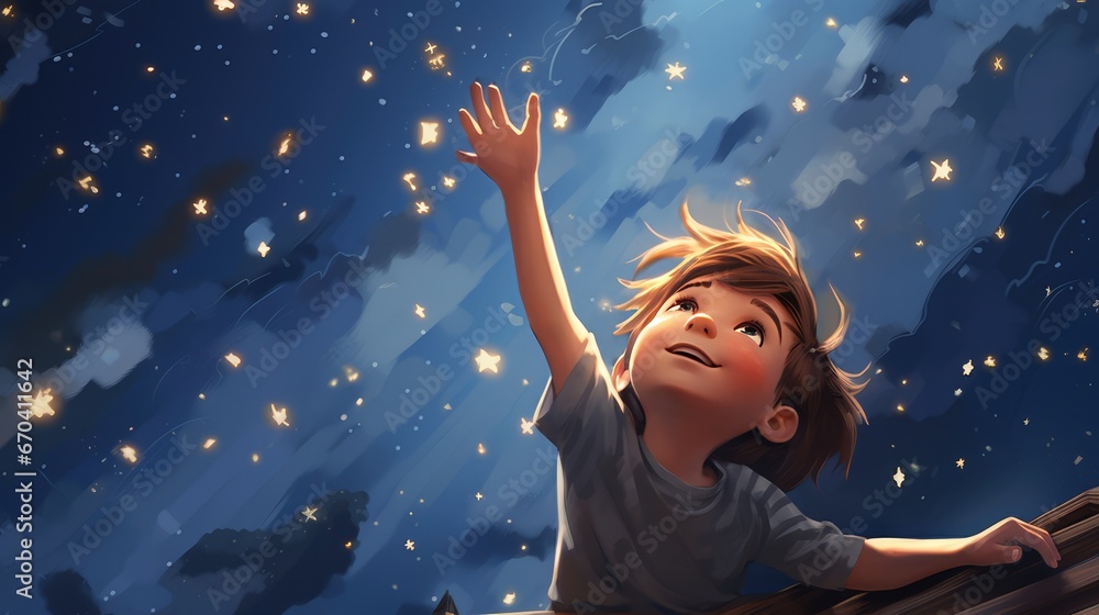 Cartoon little boy reaching for the stars, AI generated Image Stock ...