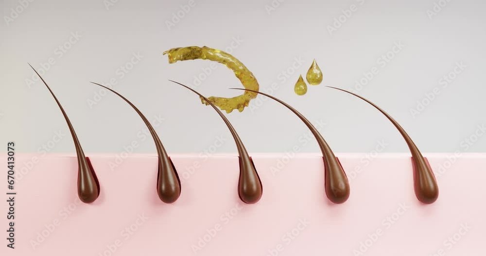 3d animation stylized hair care. Drops of oil, shampoo, conditioner ...