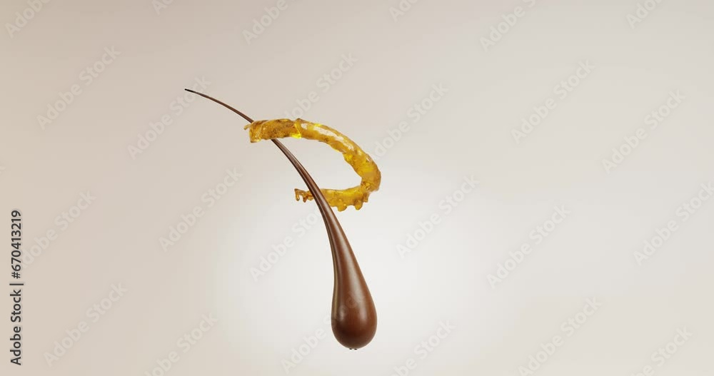 3d animation of a hair with a liquid care cycle. Drops of oil, shampoo ...