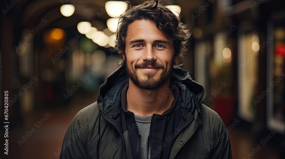 Handsome young man over grey grunge wall with a happy face standing and ...