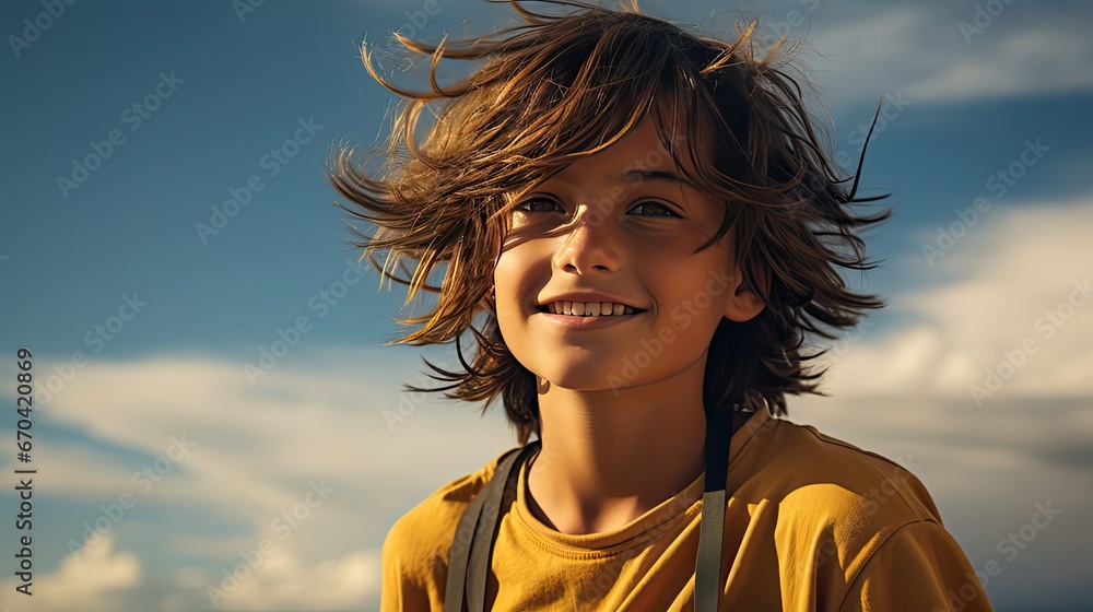 Child standing in profile blue sky with clouds on background. Boy 8 ...