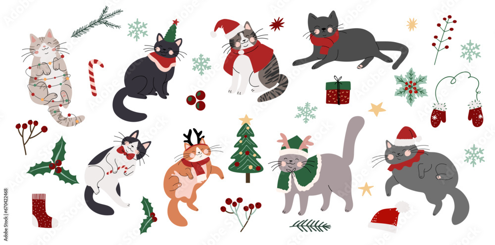 Vector set of cute Christmas cats with holiday elements. Vector ...
