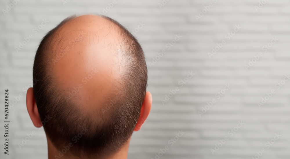 Male hairloss or baldness, top down view of a man with a bald spot on ...