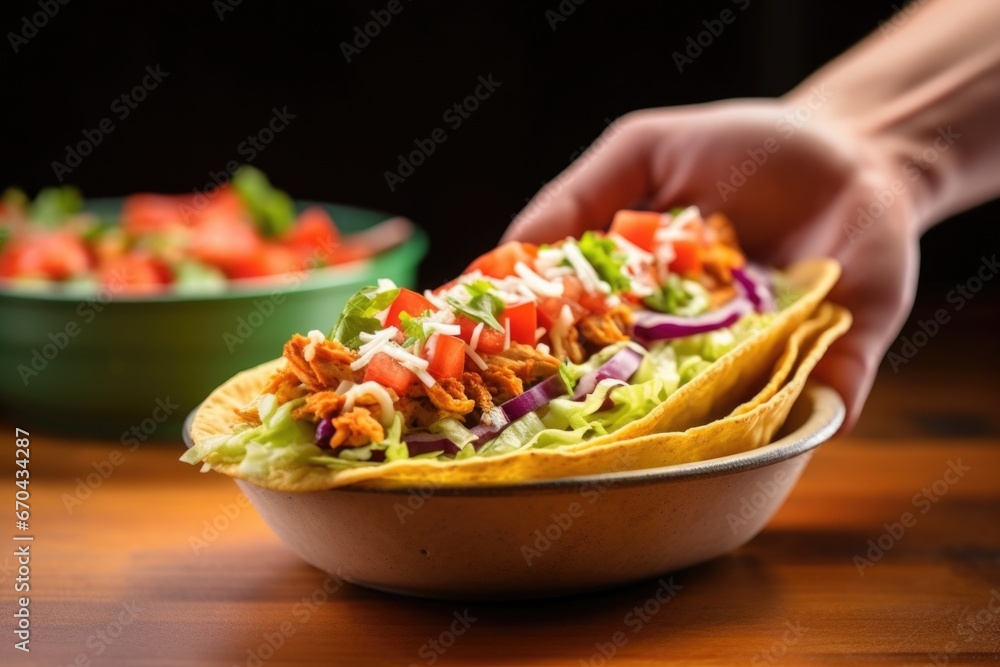 hand placing a hot chalupa into a tortilla bowl Stock Photo | Adobe Stock