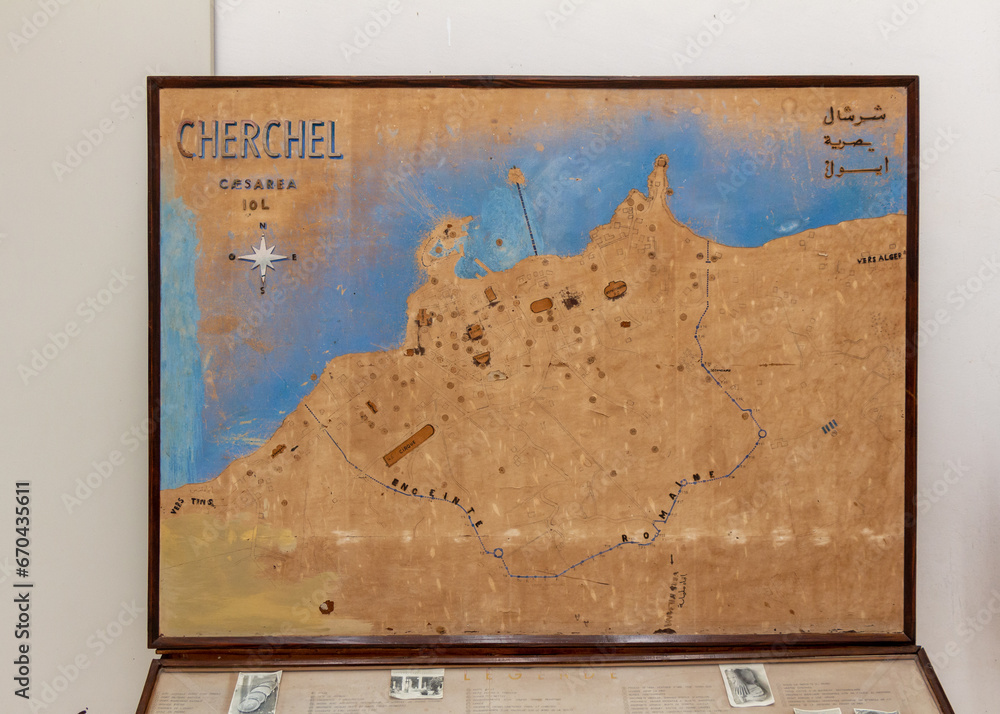 Cherchell, Algeria, 10 23 2023 : old map of the Roman site of Cherchel ...