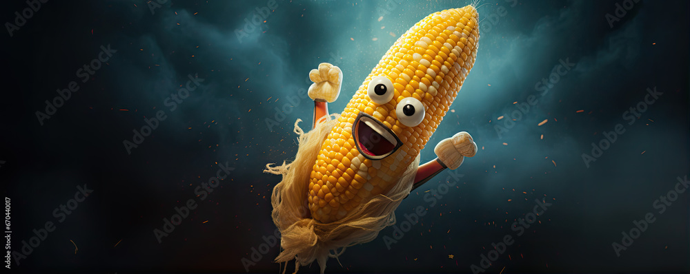 Fancy corn cob character with eyes and mouth smilling, flying in space ...