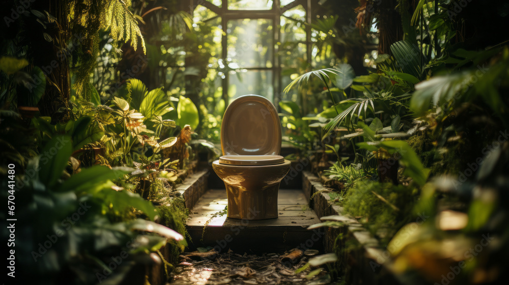 toilet in forest green tropical plant leaf and beautiful sun light and ...