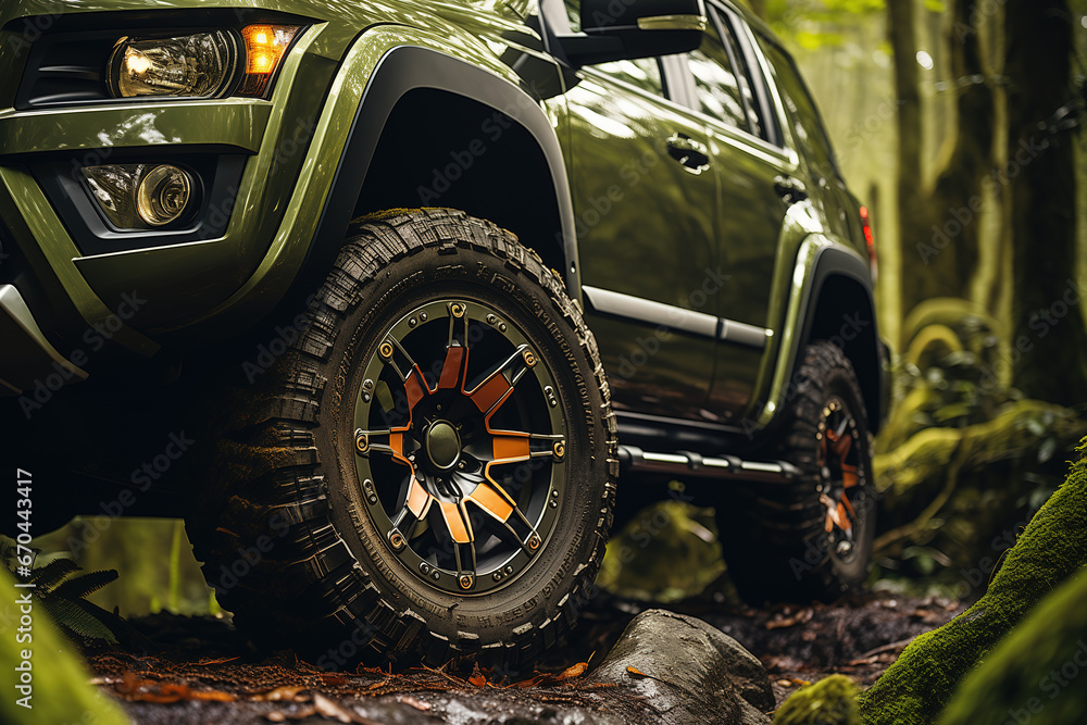 A big wheel of the 4x4 off-road car driving on terrain route in the ...