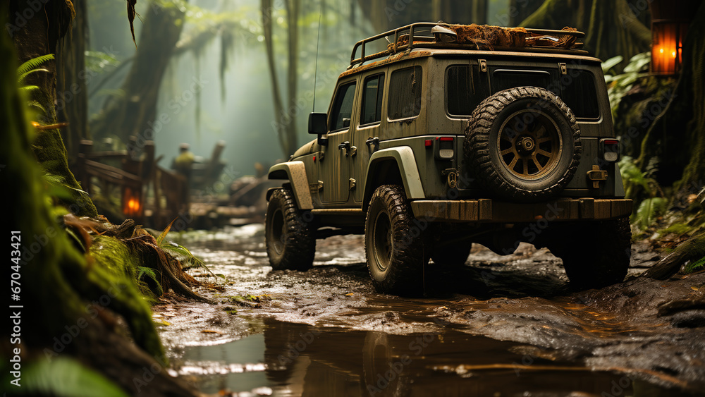 A big wheel of the 4x4 off-road car driving on terrain route in the ...