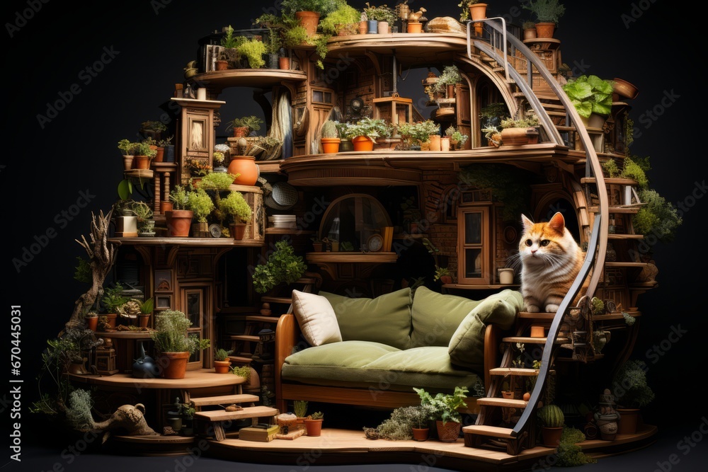 Cat house designed like a classic English library, Generative AI Stock ...