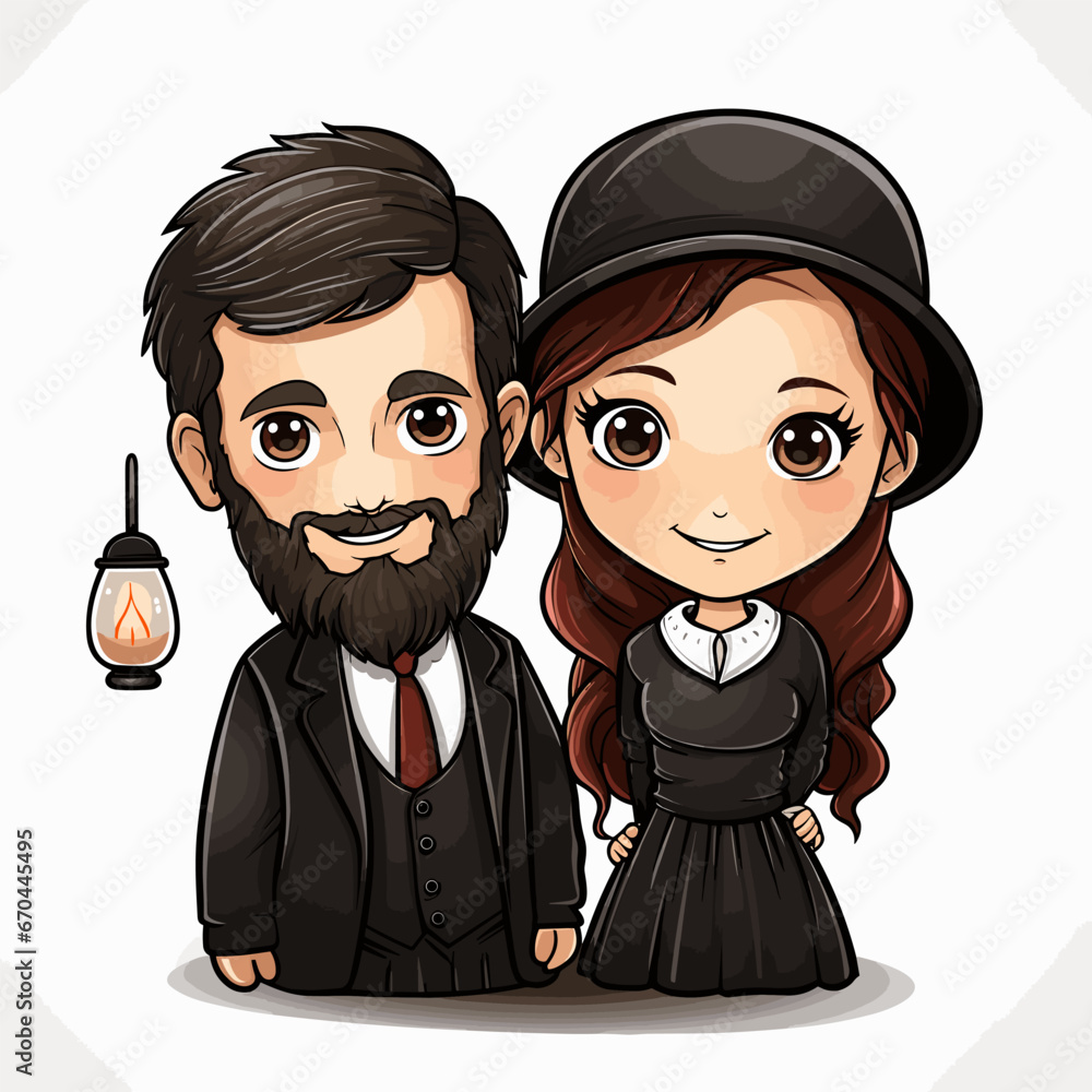 Vetor de Amish couple hand-drawn comic illustration. Amish couple ...