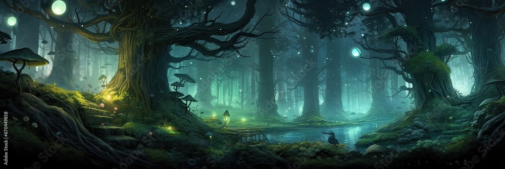 A mystical forest where ancient trees. Ethereal, magical, ancient ...
