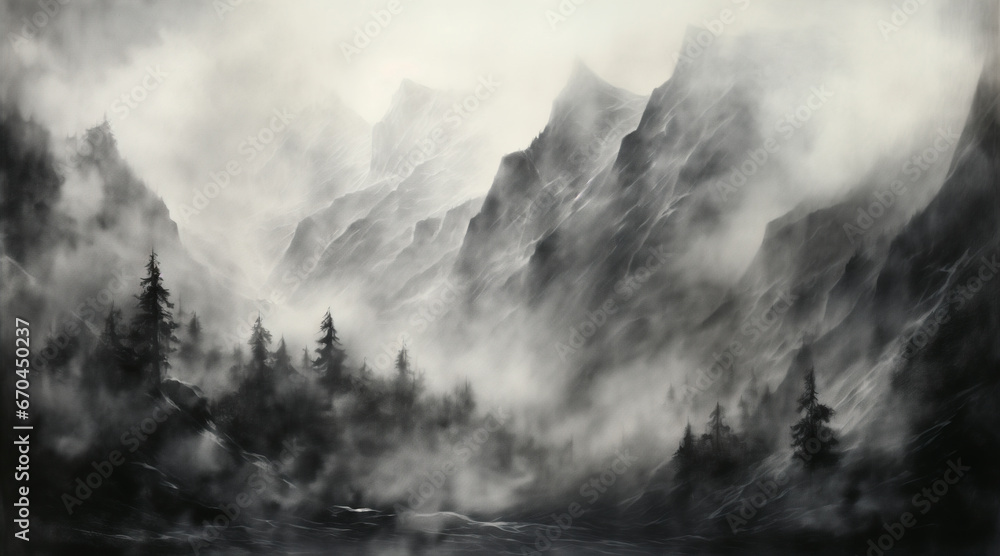 charcoal pencil drawing of mountains cowered in mist, black blurry ...