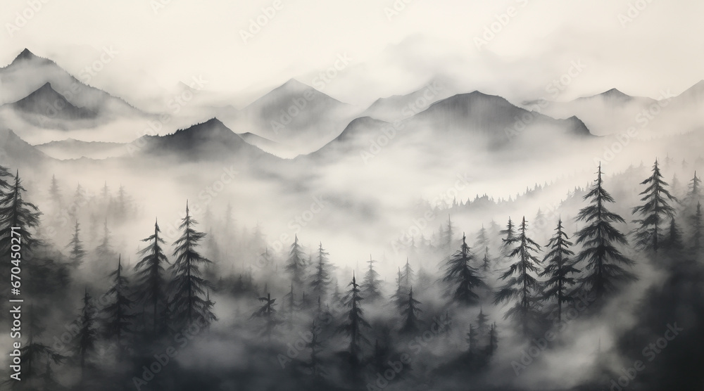 charcoal pencil drawing of mountains cowered in mist, black blurry ...