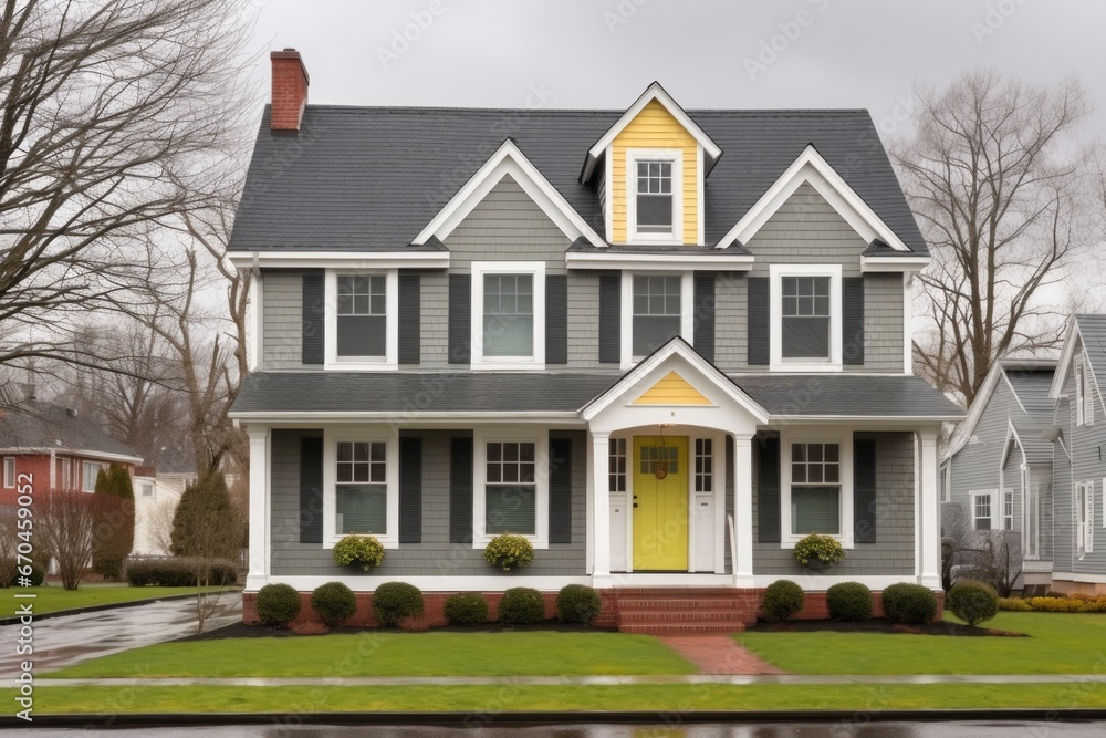 dutch colonial facade with enhanced dormer windows under gray sky Stock ...