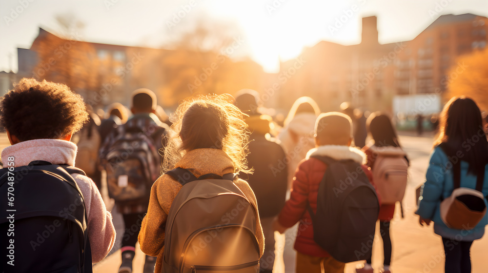 Primary school children go to school in the morning. Back to school ...